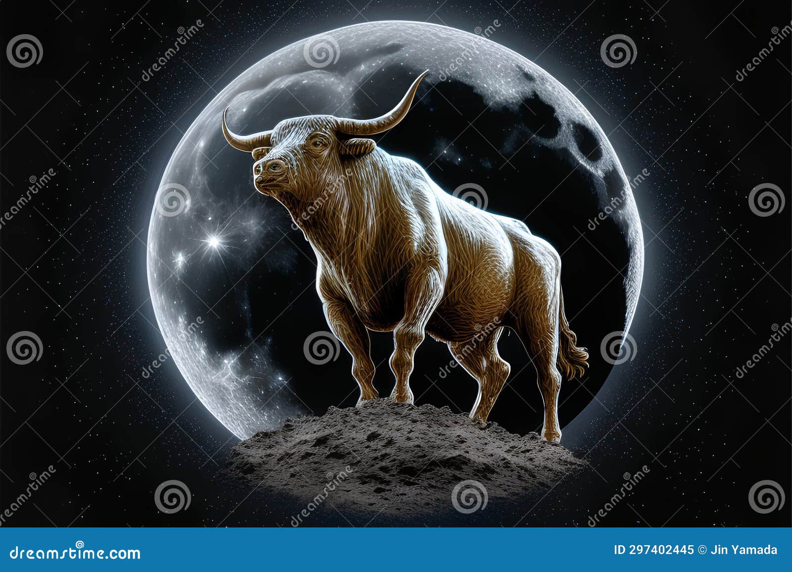Illustration of a Bull in Front of a Full Moon with Stars Stock Image ...
