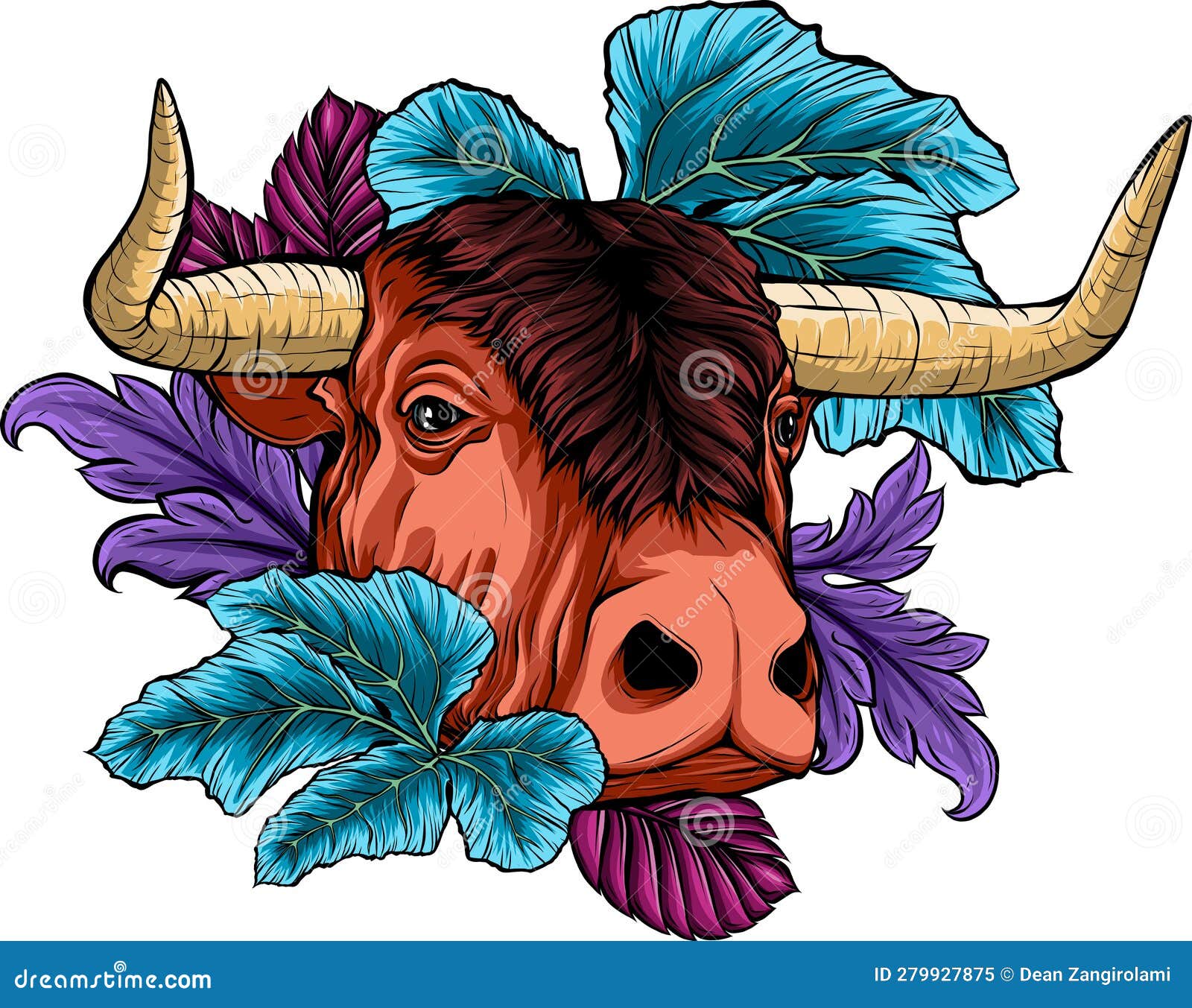 Vector Illustration of Bull Head with Leaves Stock Vector ...