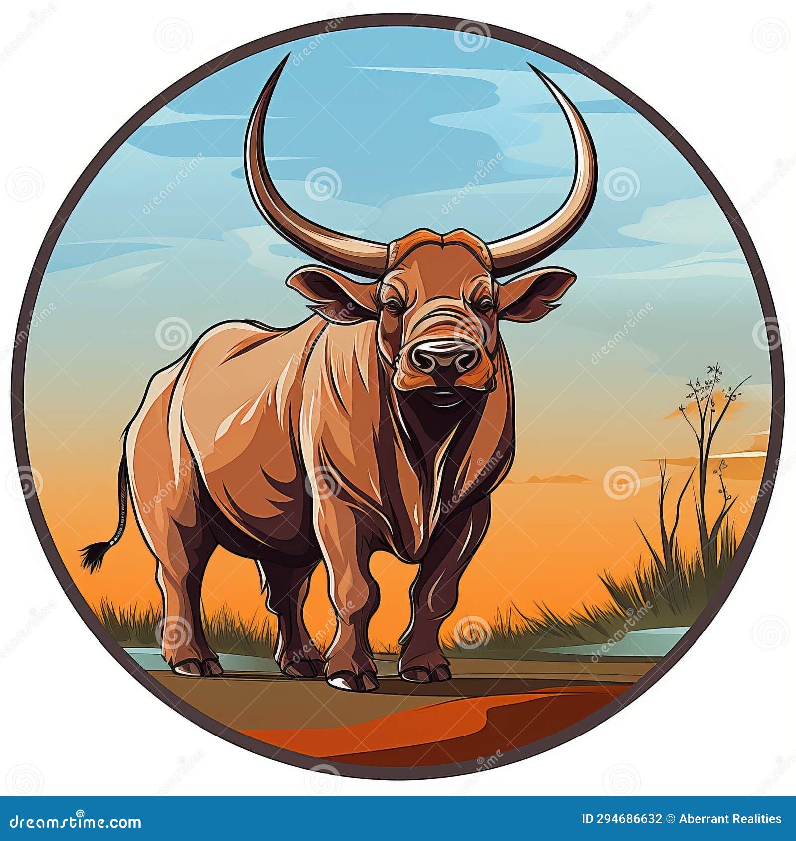 An Illustration of a Bull Standing in Front of a Sunset Stock ...