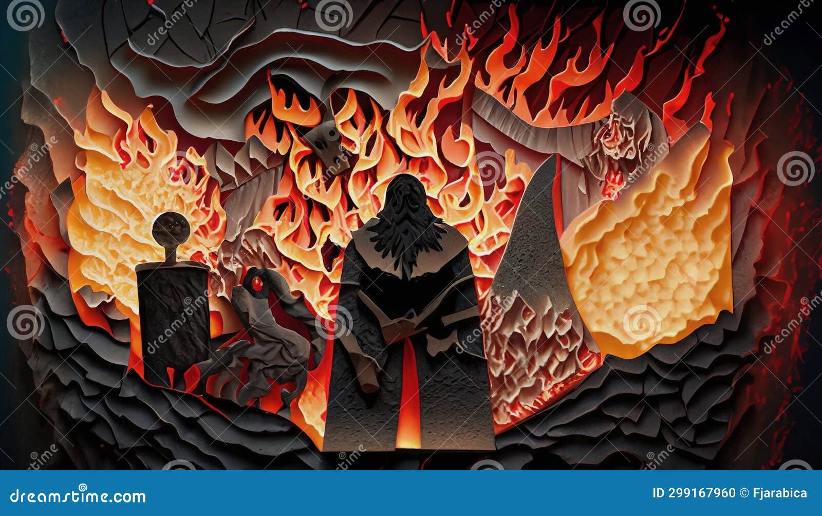 Illustration of a Burning Hell with Dark Figures Stock Illustration ...