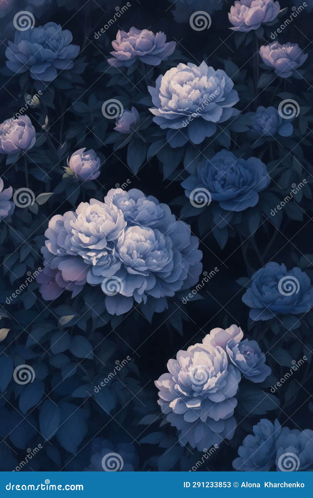 Illustration with a Bush of Dark Blue Peonies Stock Illustration ...