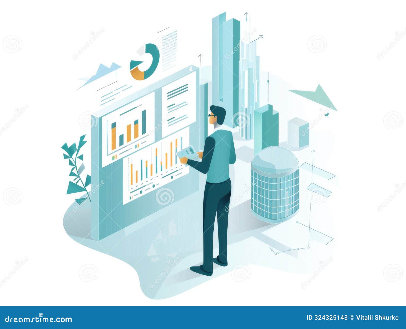 Illustration of a Business Analyst Analyzing Data and Charts on a Large ...