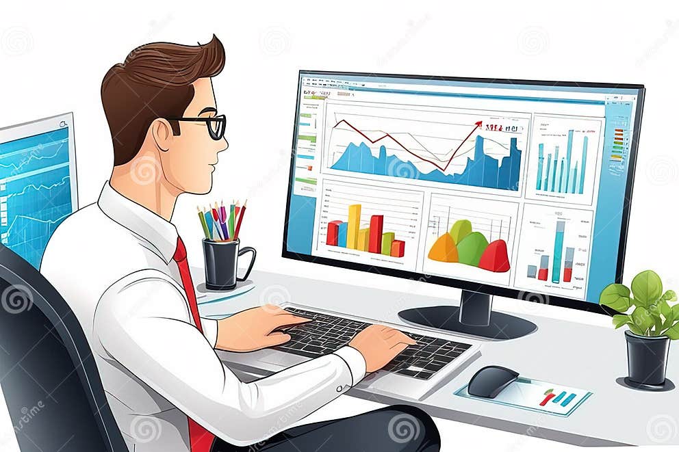 Illustration of Business Man Using Computer with Graph and Charts ...