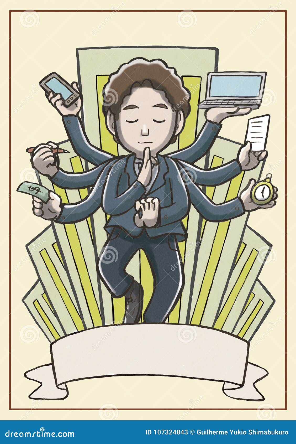 Multitasking Man Meditating and Floating with City in Background Stock ...