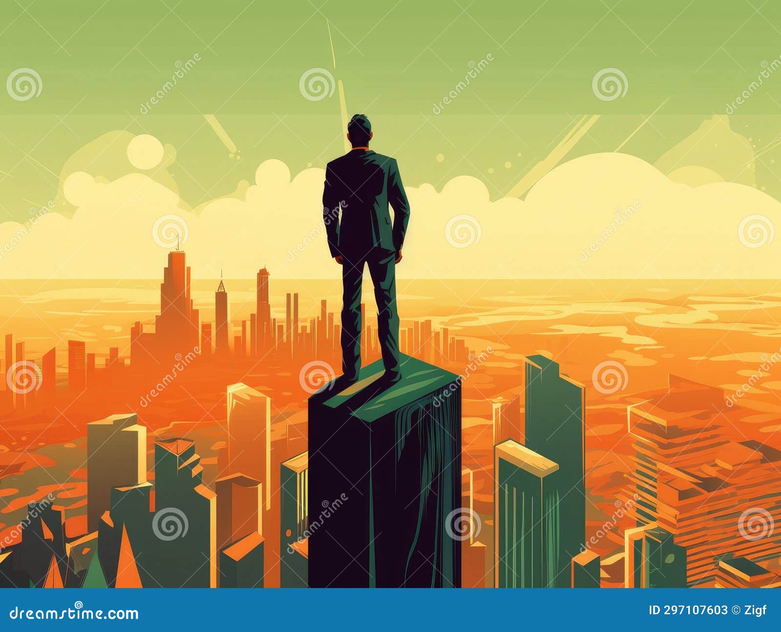 Illustration of a Businessman Standing on Top of a Building Stock ...