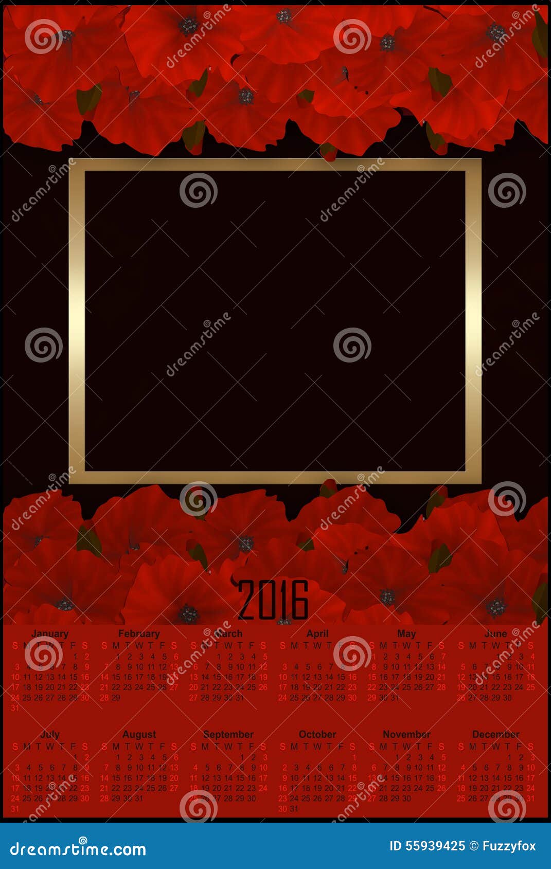 Illustration Calendar for 2016 with Red Poppy and Frame Stock ...