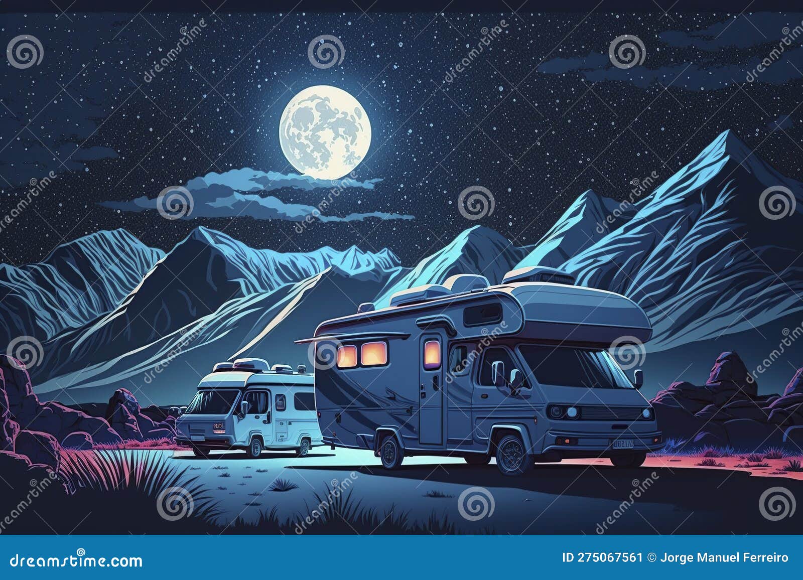 Illustration, Campers in a Caravan Parked in a Starry Night ,generative ...