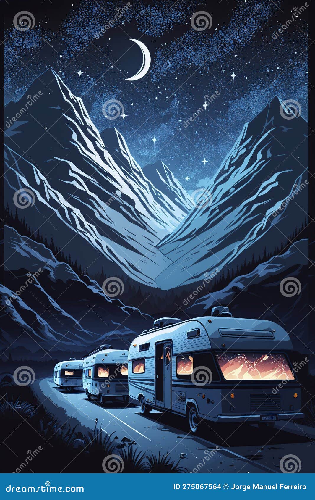 An Illustration, Campers in a Caravan Parked in a Starry Night ...