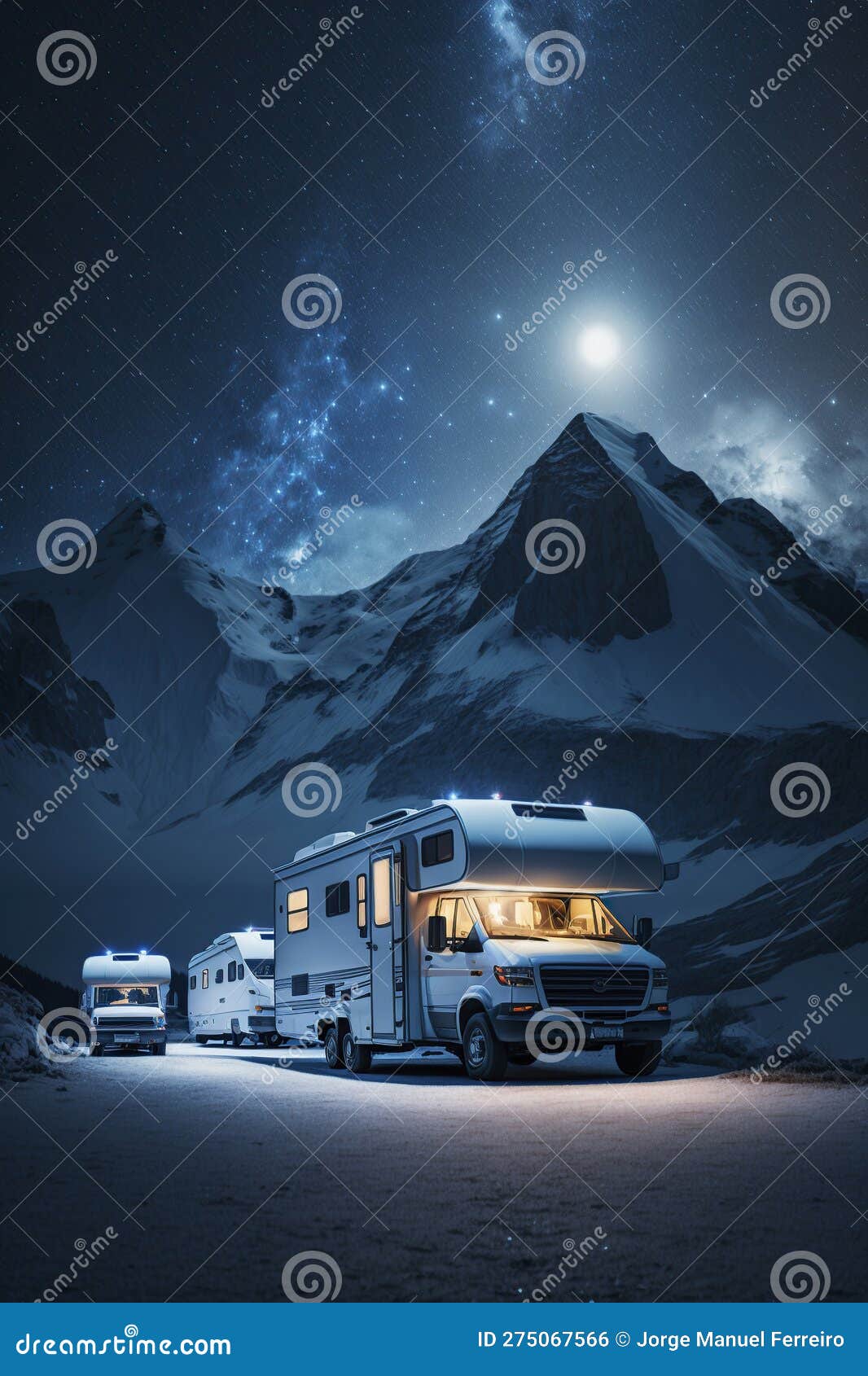 An Illustration, Campers in a Caravan Parked in a Starry Night ...