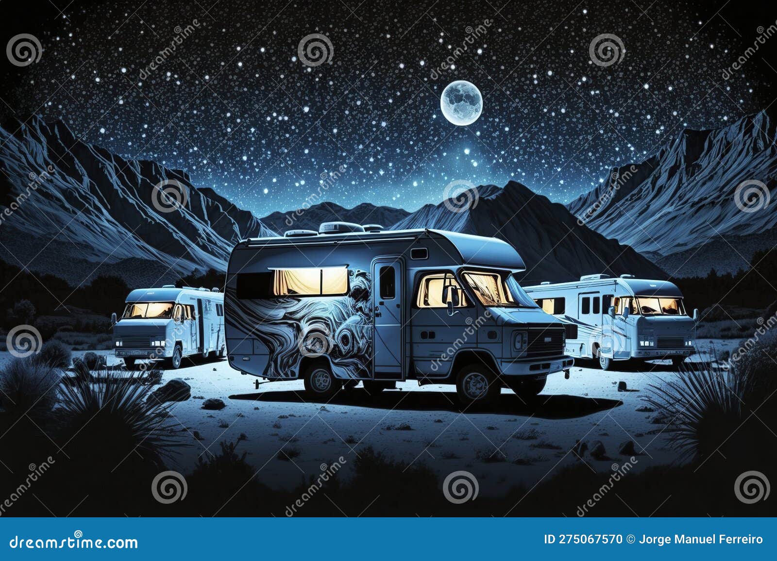 An Illustration, Campers in a Caravan Parked in a Starry Night ...