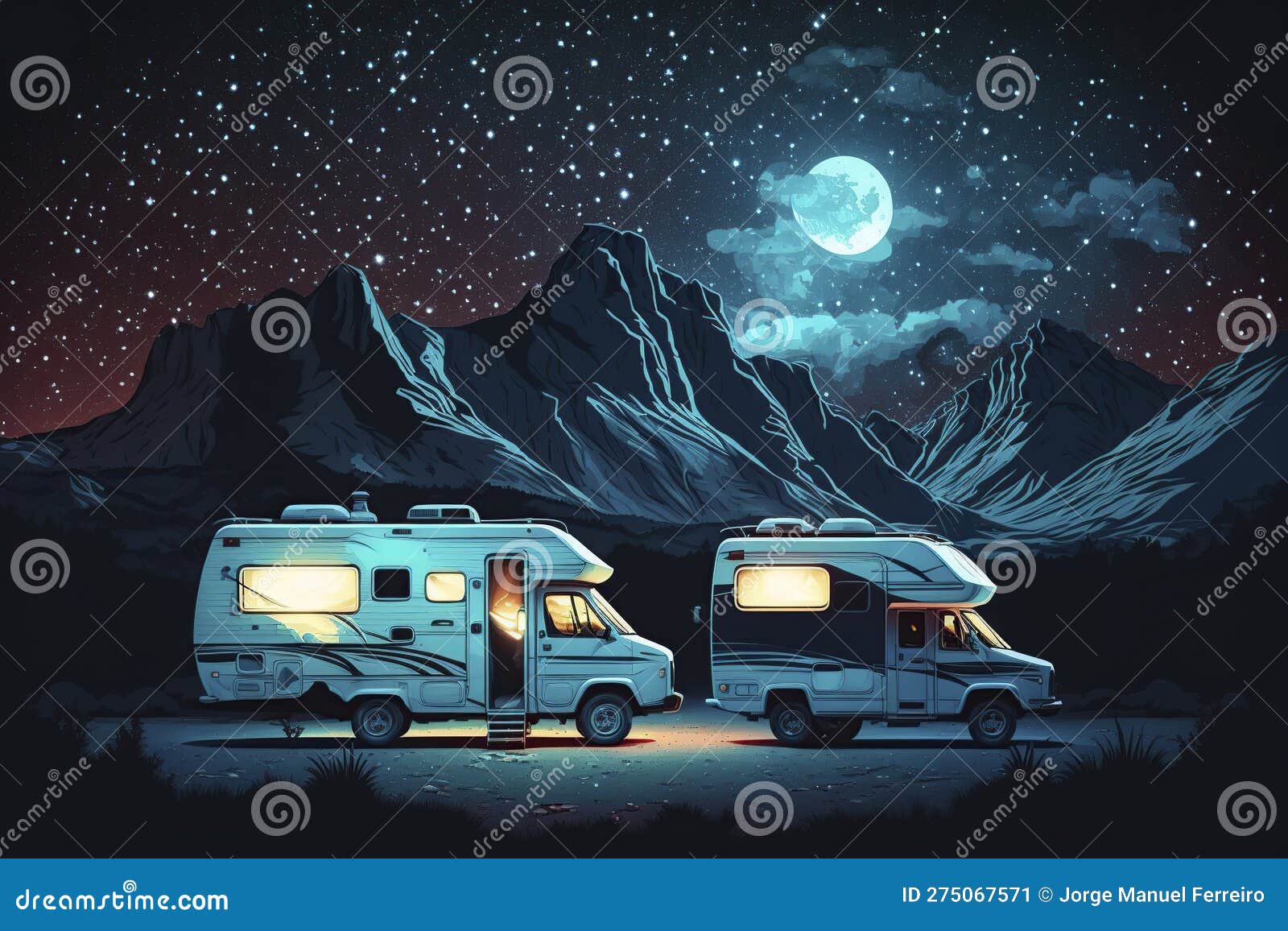 An Illustration, Campers in a Caravan Parked in a Starry Night ...