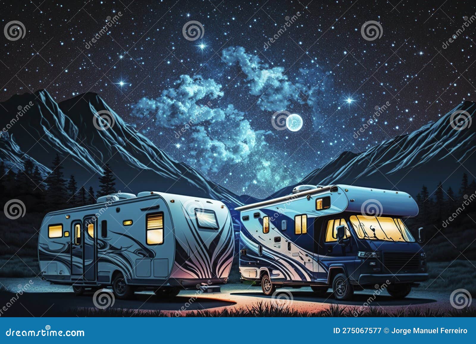 An Illustration, Campers in a Caravan Parked in a Starry Night ...