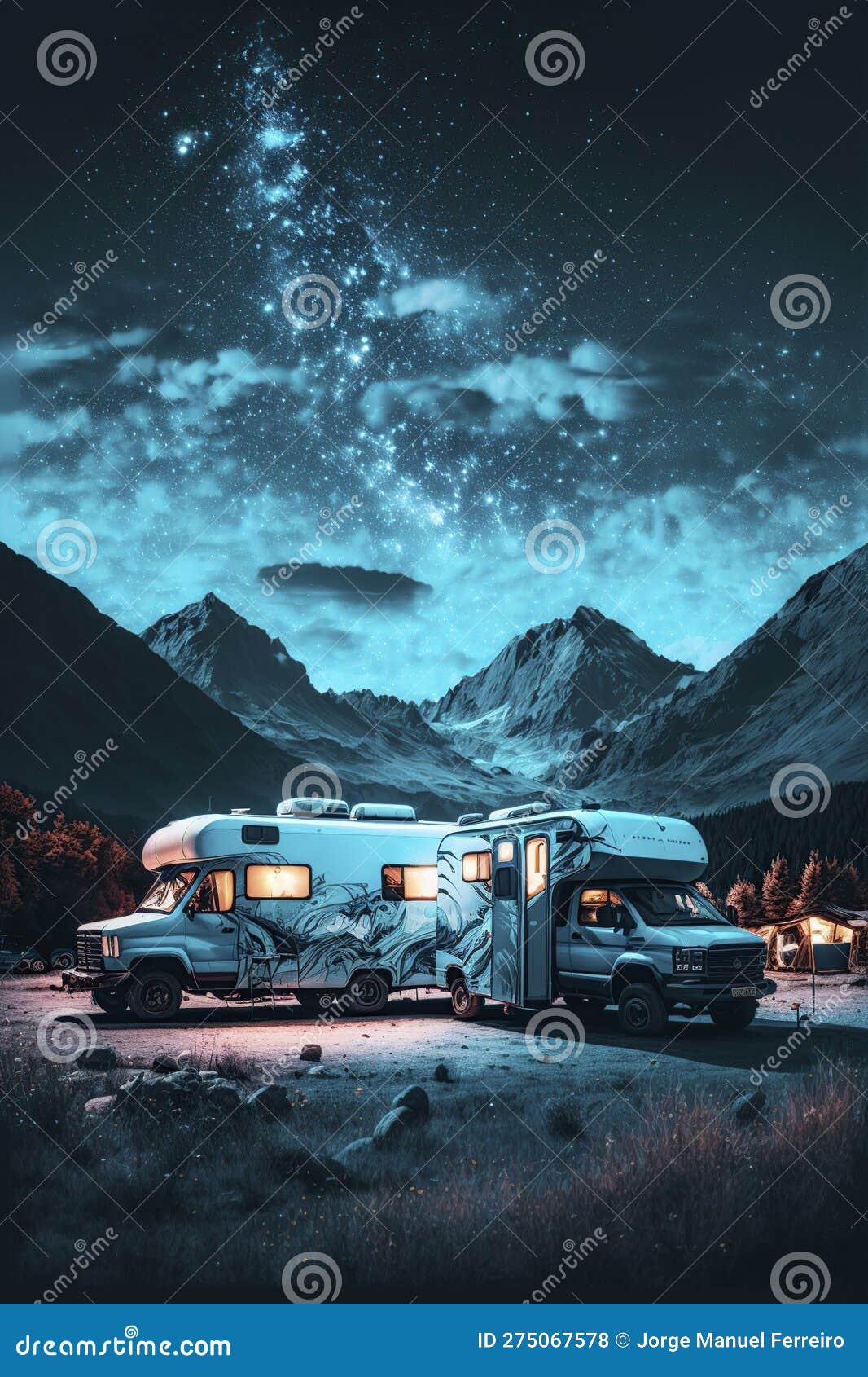 Illustration, Campers in a Caravan Parked in a Starry Night ,generative ...