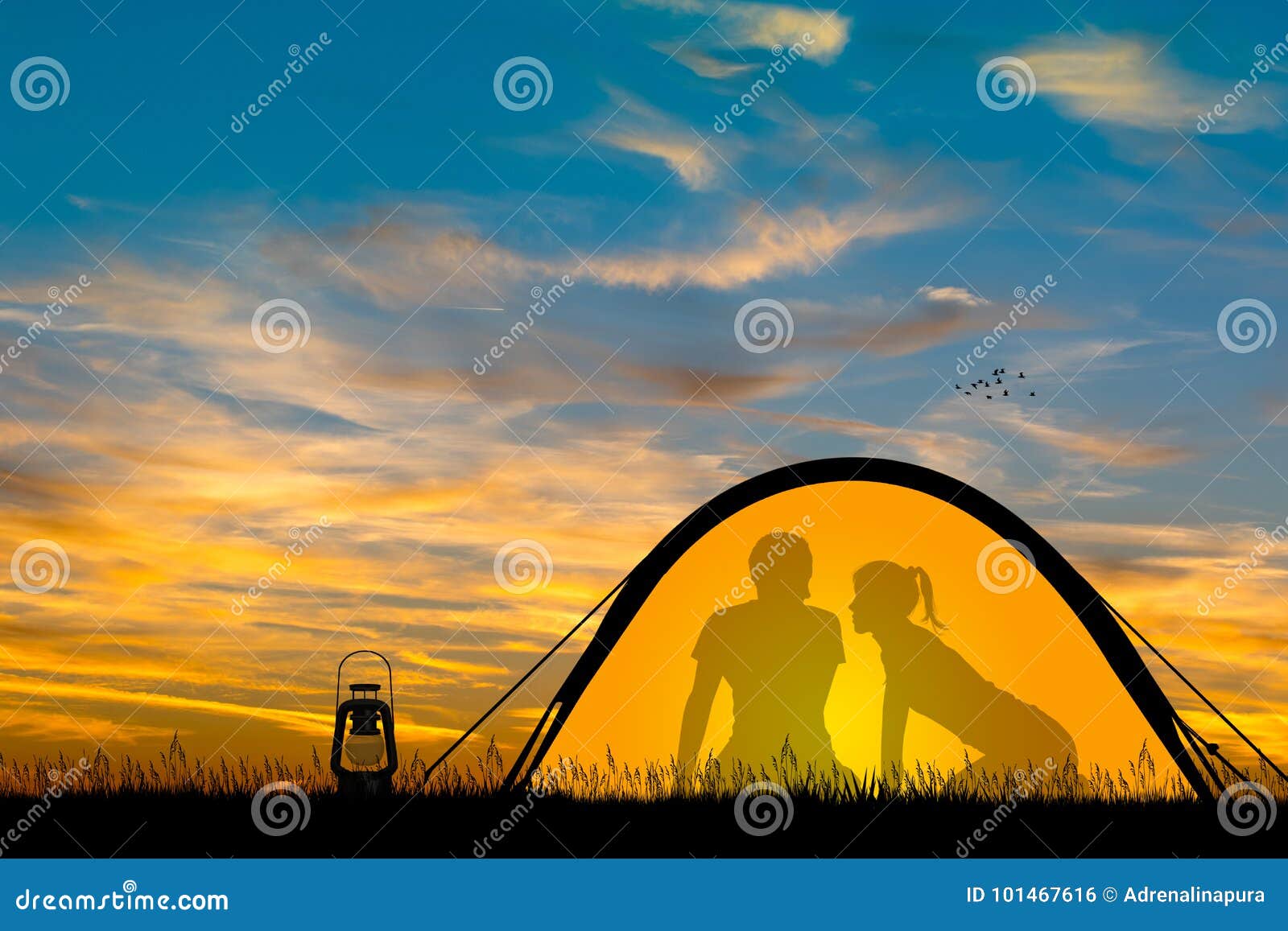 Camping at sunset stock illustration. Illustration of adventure - 101467616