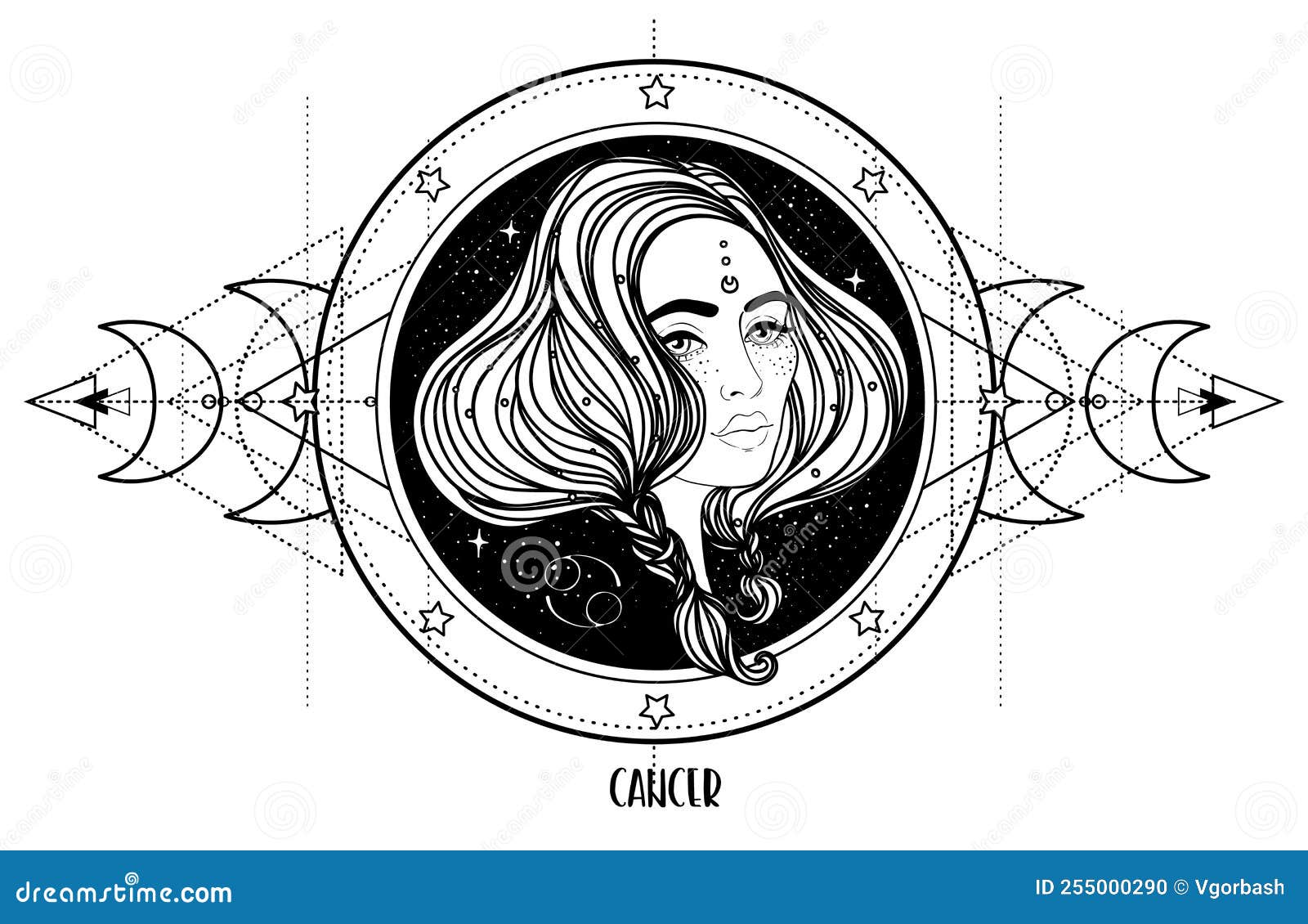 Illustration Of Cancer Astrology Sign As A Beautiful Girl Over Sacred