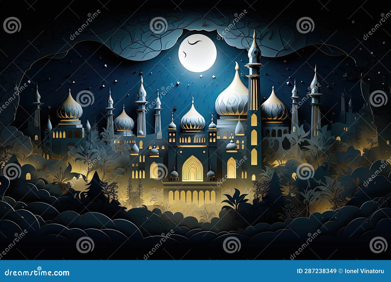 Illustration Capturing the Beauty of a Moonlit Mosque during Eid, with ...