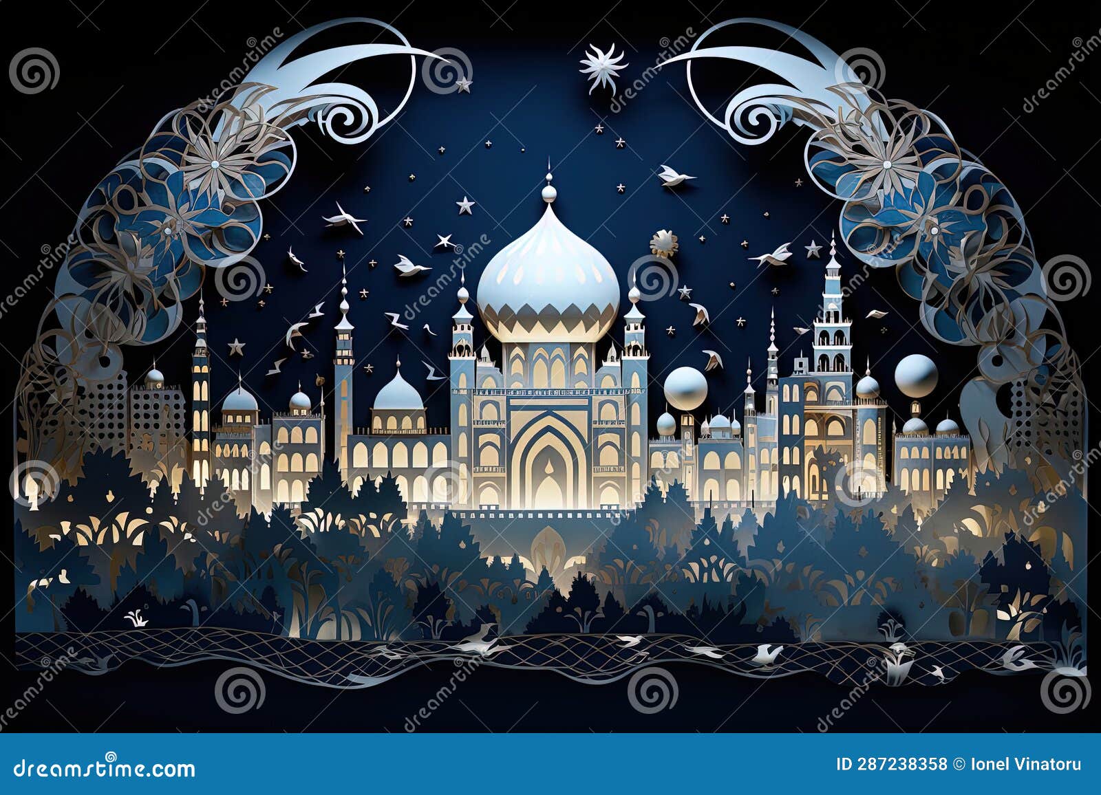 Illustration Capturing the Beauty of a Moonlit Mosque during Eid, with ...