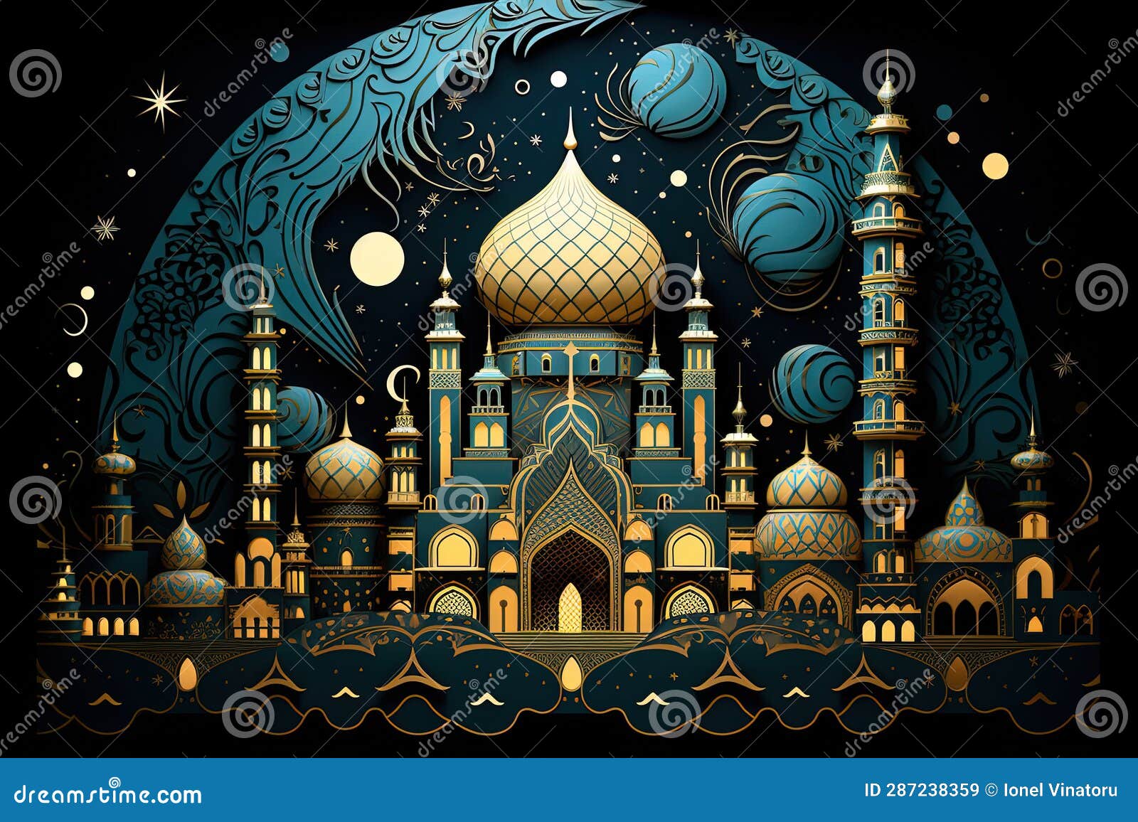 Illustration Capturing the Beauty of a Moonlit Mosque during Eid, with ...