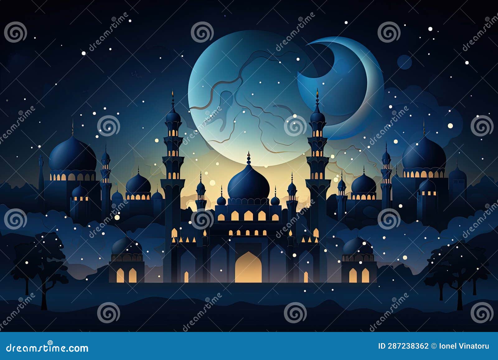 Illustration Capturing the Beauty of a Moonlit Mosque during Eid, with ...