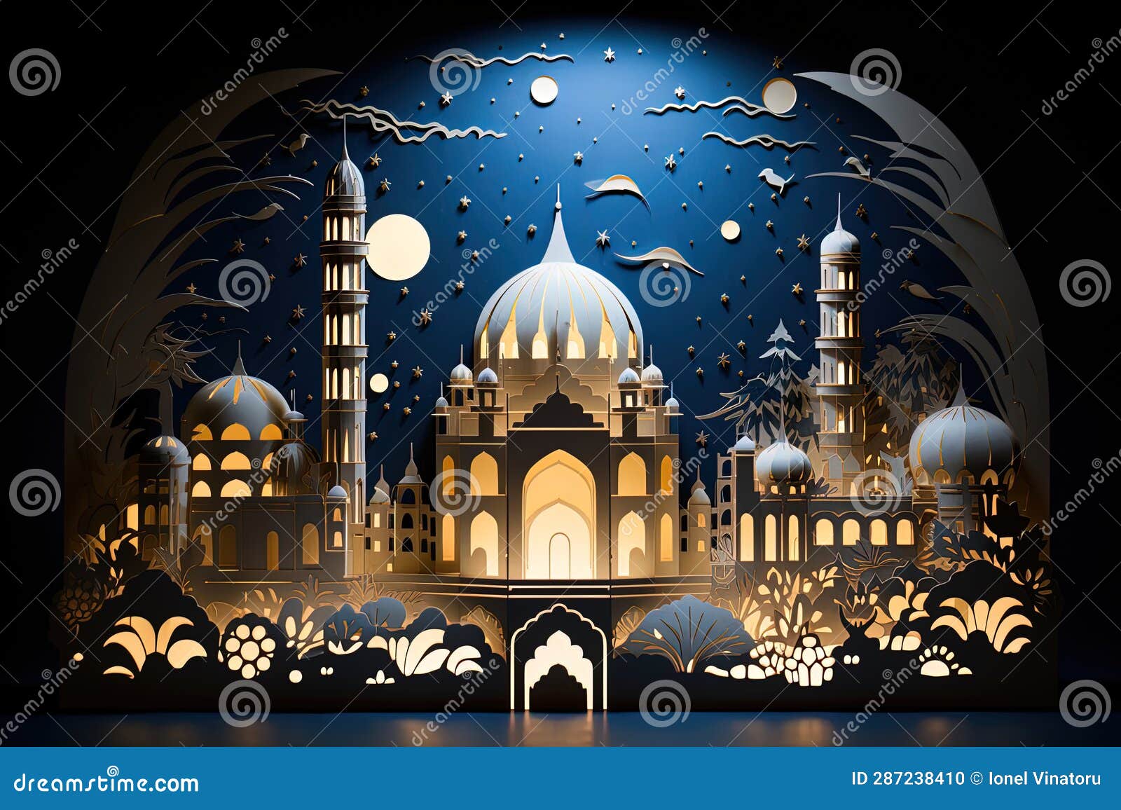 Illustration Capturing the Beauty of a Moonlit Mosque during Eid, with ...