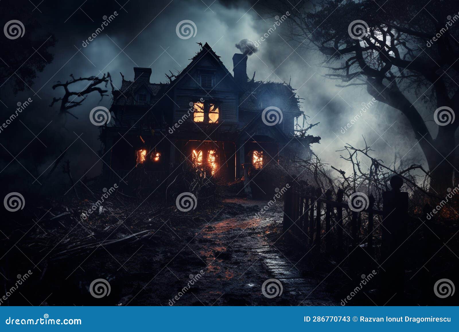 Illustration Capturing The Ominous Atmosphere Of A Decrepit And Haunted Mansion Shrouded In