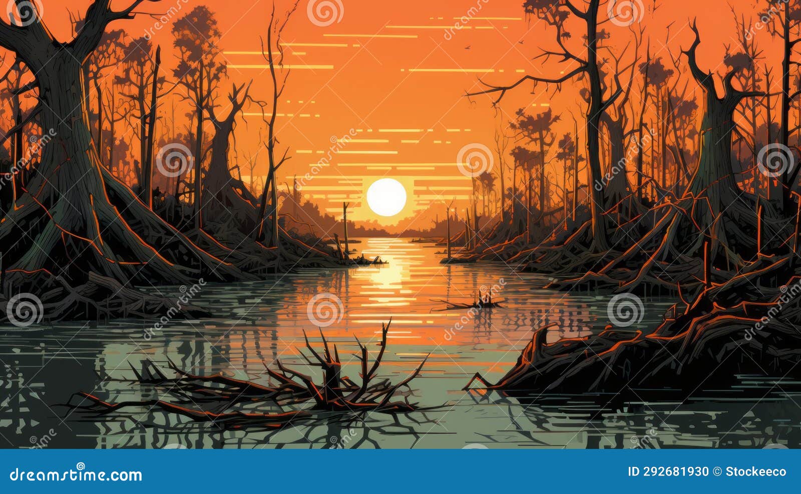 Sunrise Over Open Swamp: a Pixel Art Illustration in the Style of ...