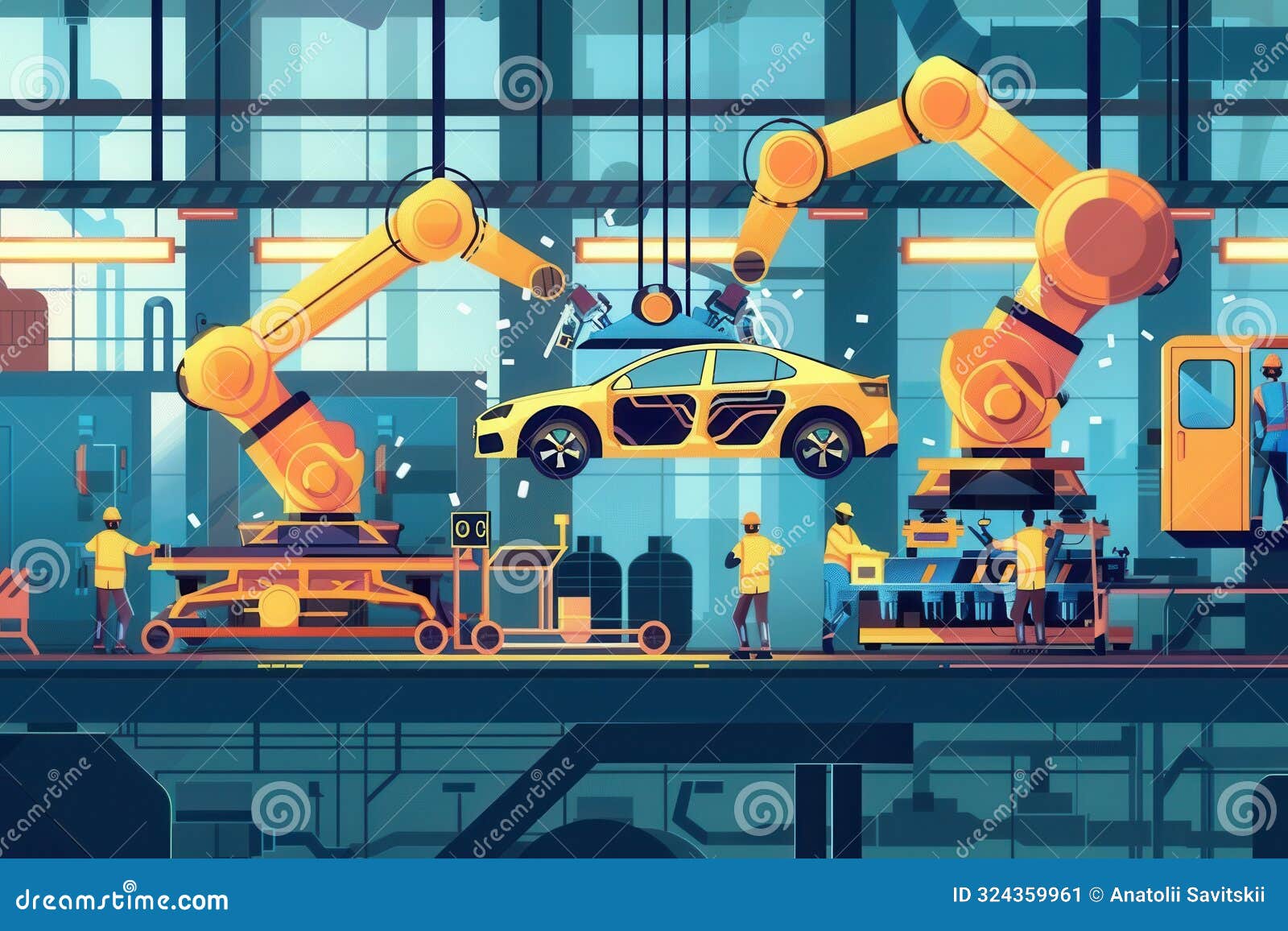 Illustration of a Car Assembly Line with Robots and Human Workers ...