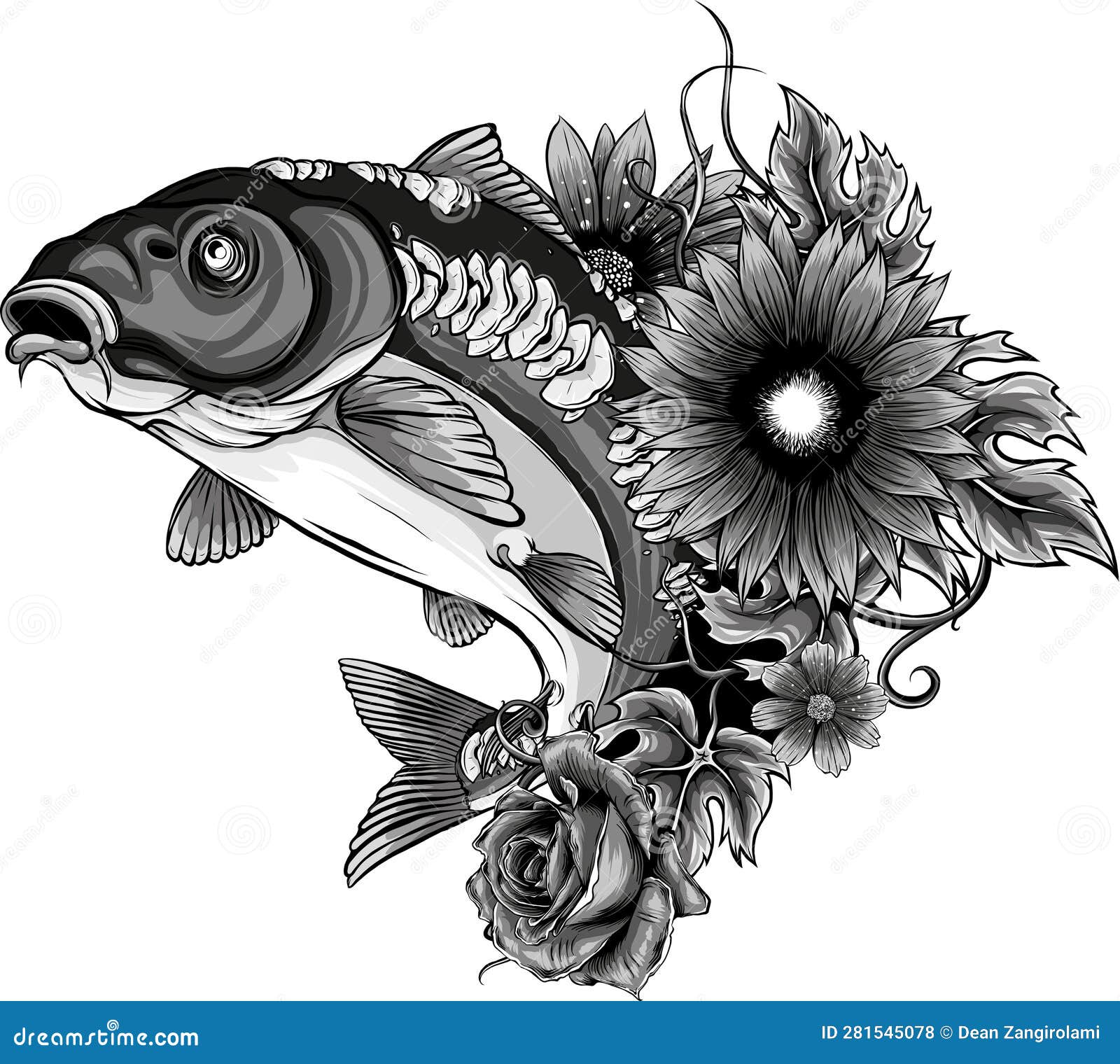 Monochromatic Illustration of Carp and Flowers Design Stock Vector ...