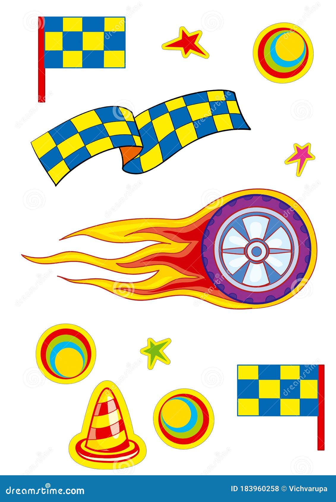 Illustration for the Cartoon, Color Set for the Race, Flags, Wheel ...