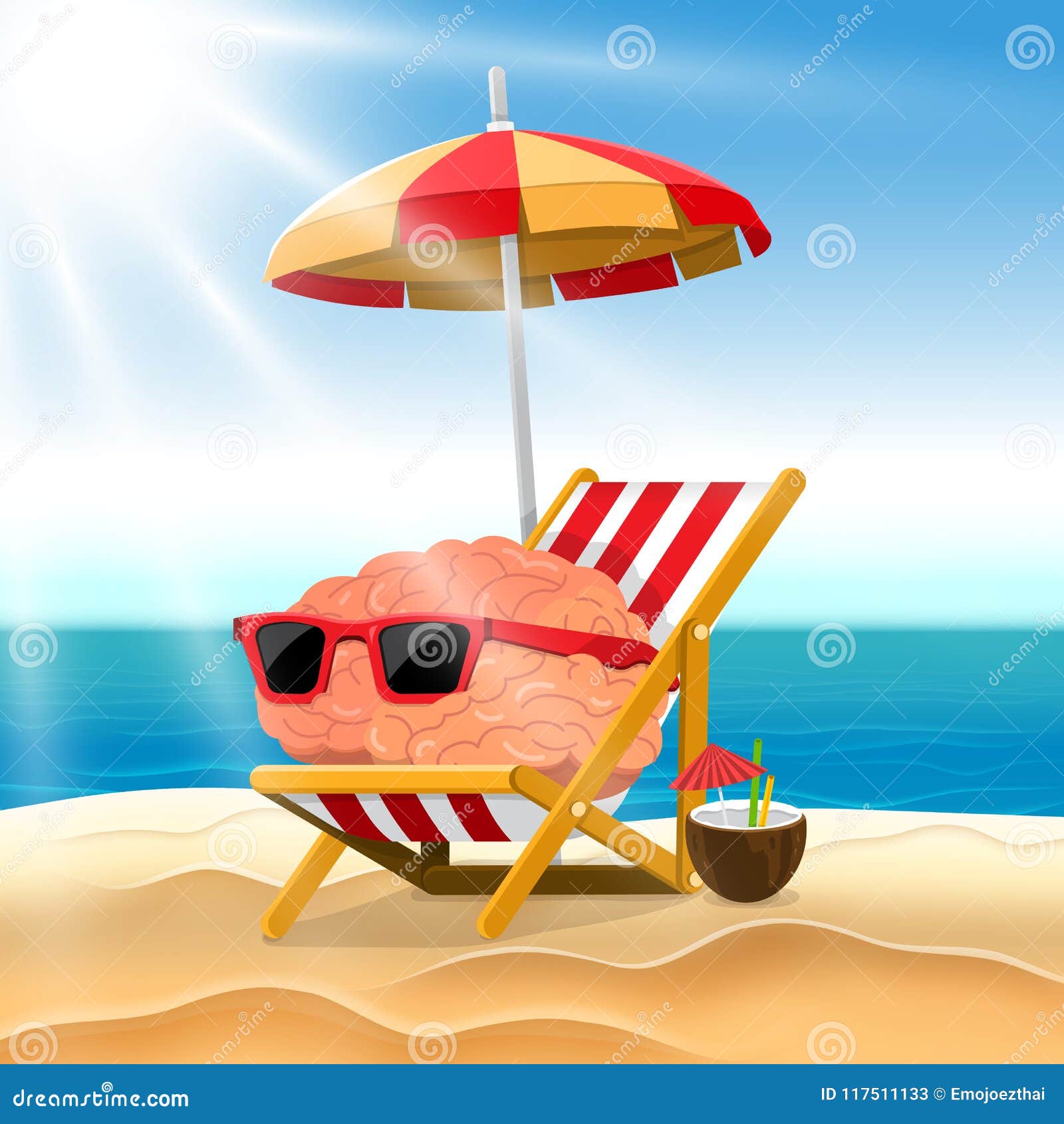Illustration Cartoon Concept Brain Relax on the Beach. Vector Il Stock ...