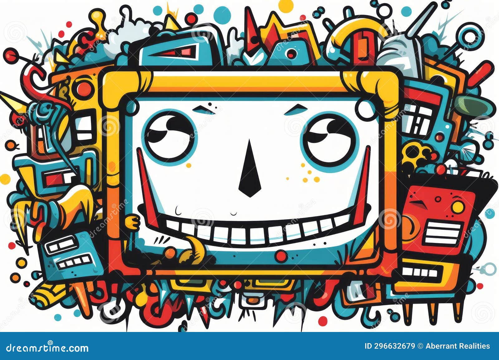 An Illustration of a Cartoon Face Surrounded by Various Objects Stock ...