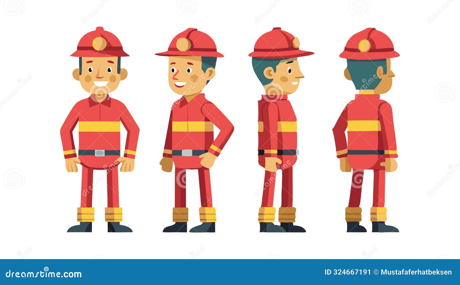 Cartoon Firefighter Character Set with Different Views in Red Uniform ...