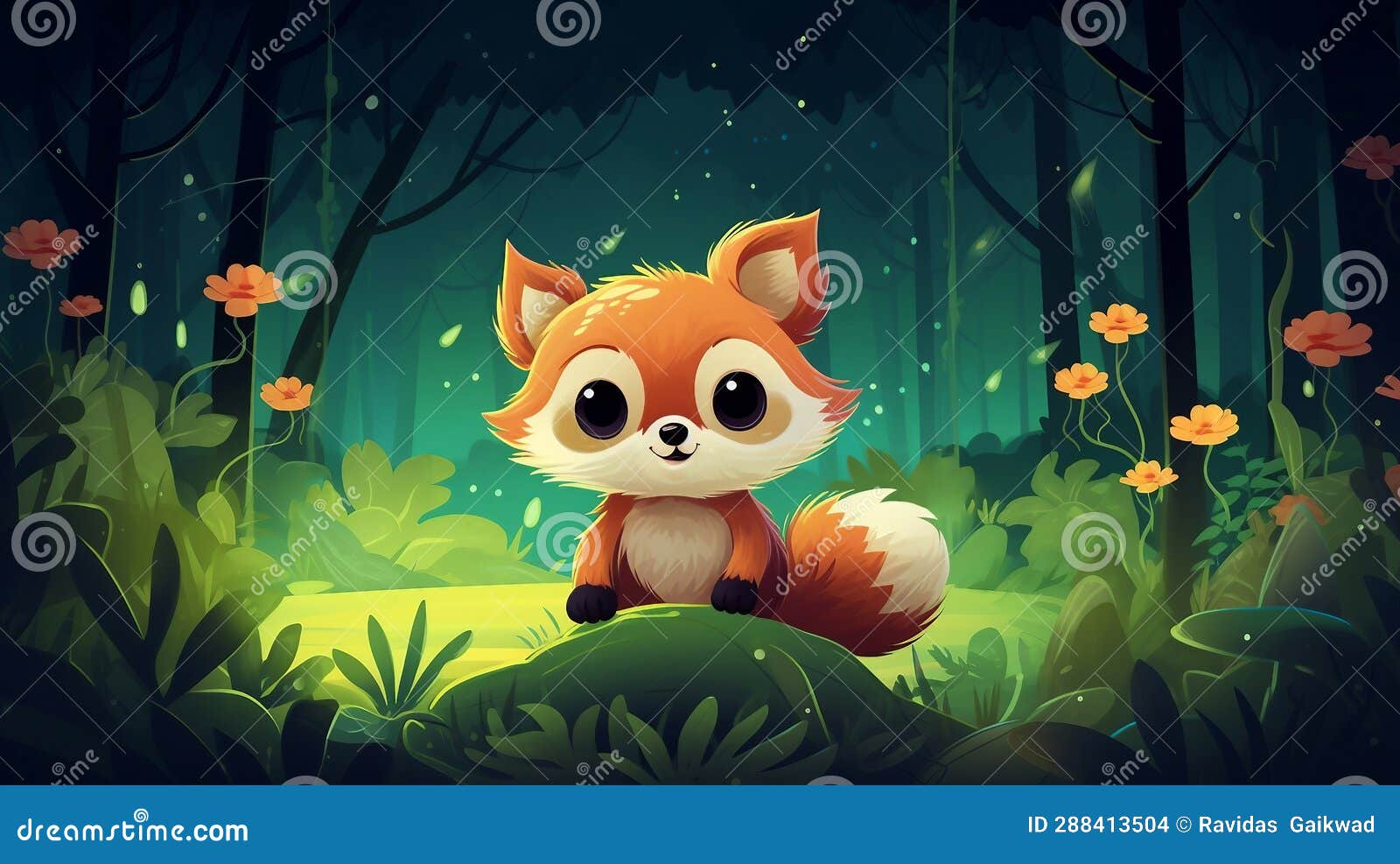 An Illustration of a Cartoon Fox in the Forest at Night AI Generated ...