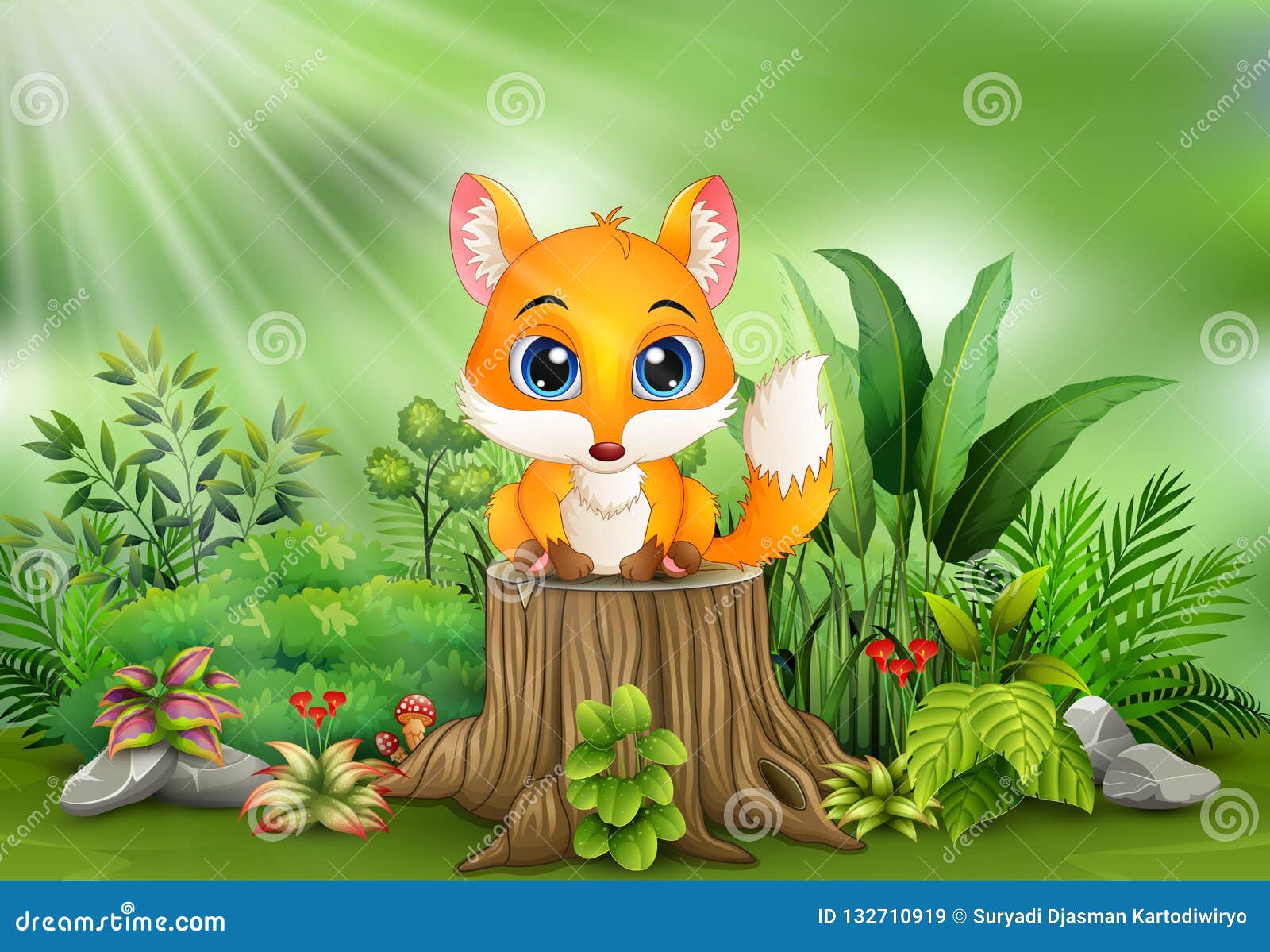 Cartoon a Fox Sitting on Tree Stump with Green Plants Stock Vector ...