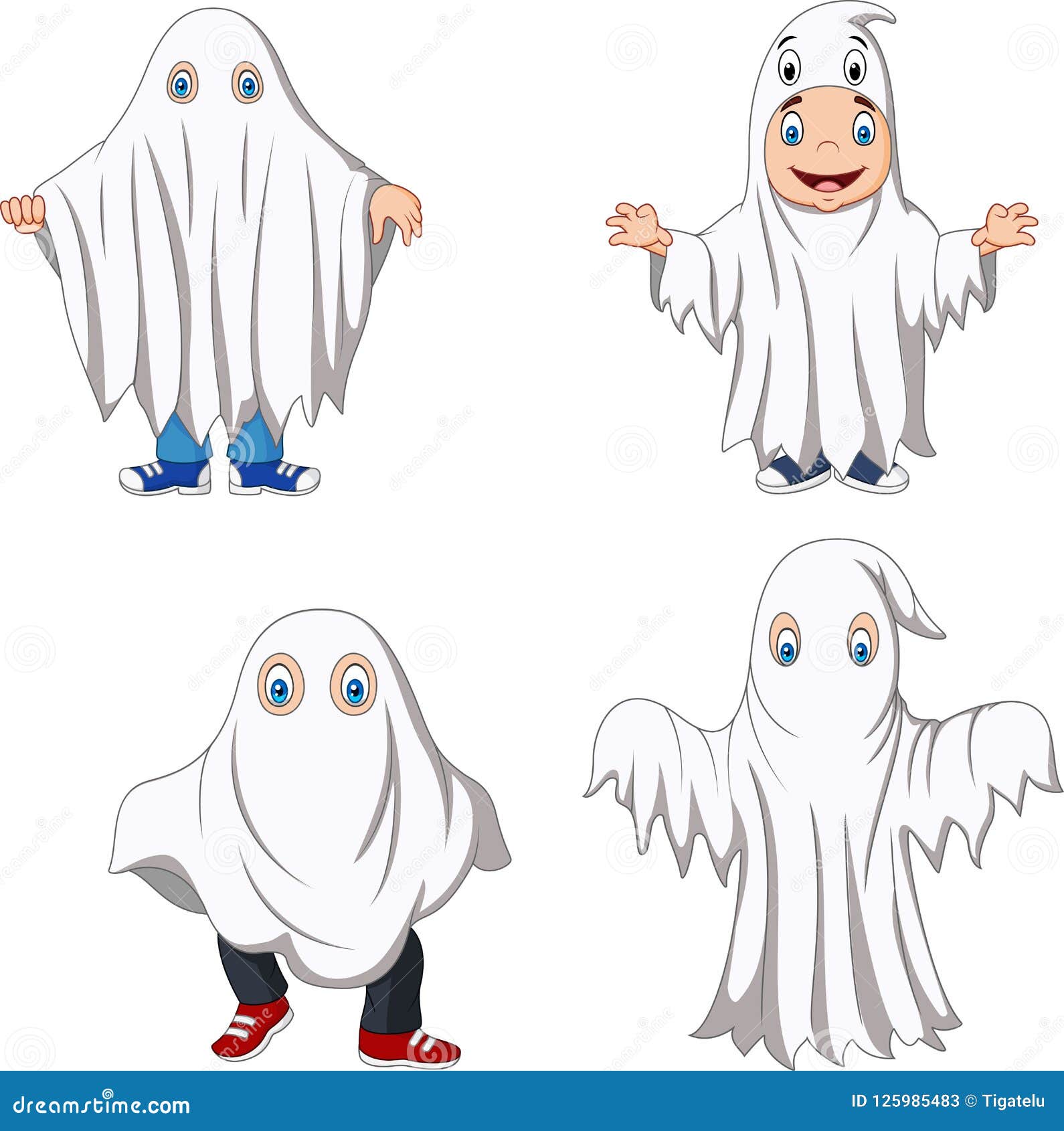 Cartoon Kid with Ghost Costume Collection Stock Vector - Illustration ...