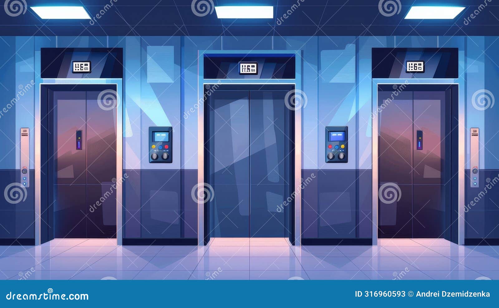 An Illustration of Cartoon Lift Doors, Empty Elevators in an Office ...