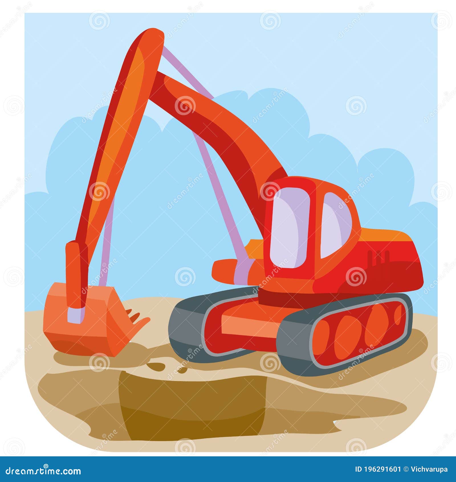 Illustration of Cartoon Red Excavator at Construction Site, Vector ...