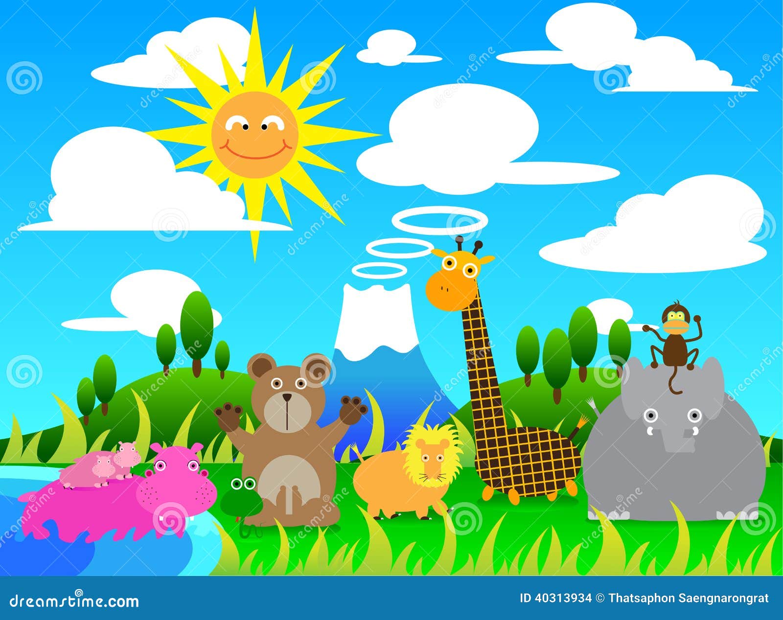 Illustration Cartoon of Scene with Wild Animals Gr Stock Vector ...