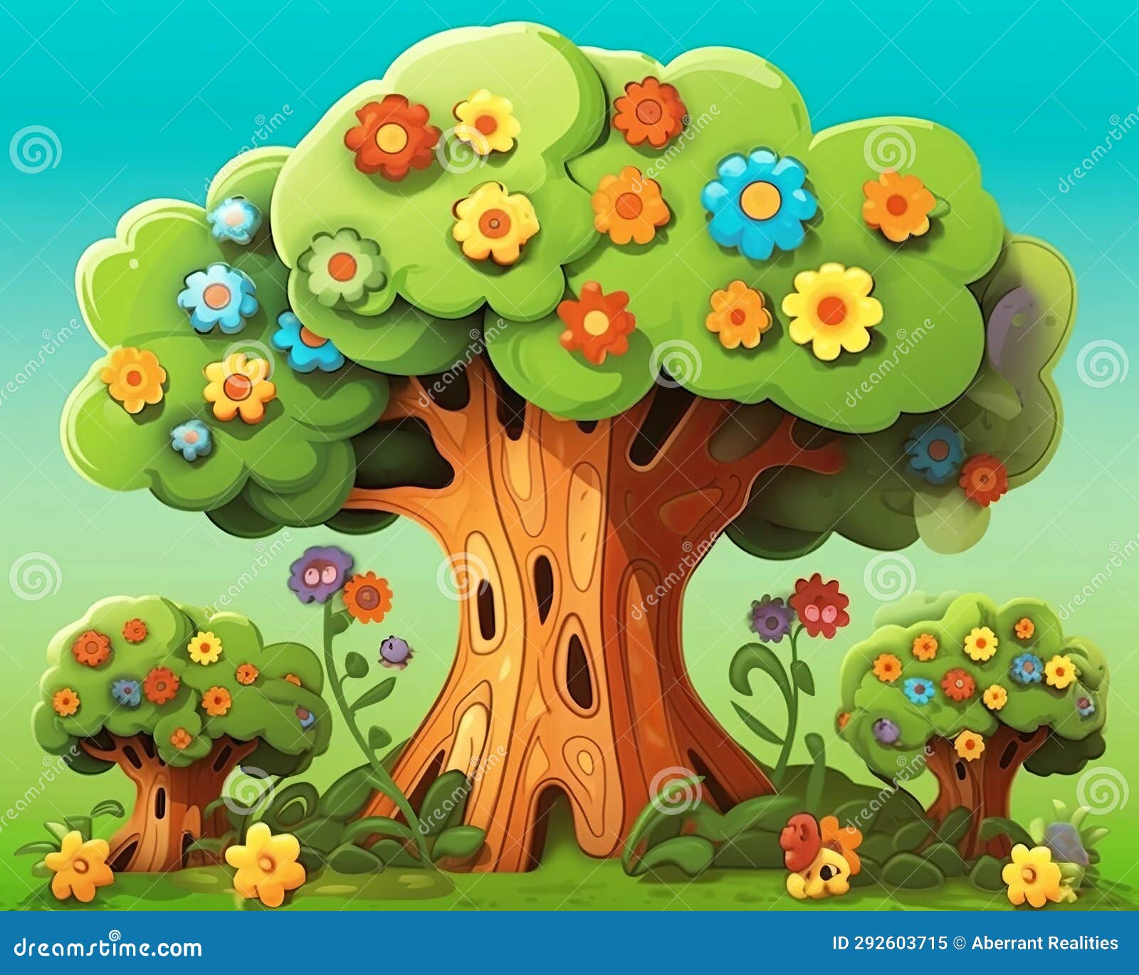 An Illustration of a Cartoon Tree with Flowers Stock Illustration ...