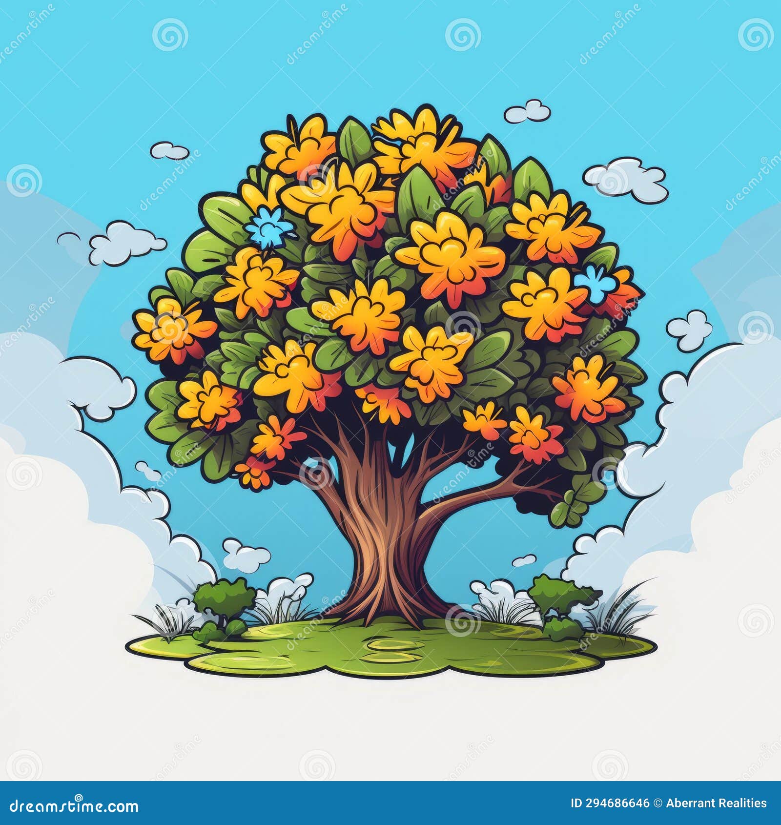 An Illustration of a Cartoon Tree with Orange Flowers Stock ...