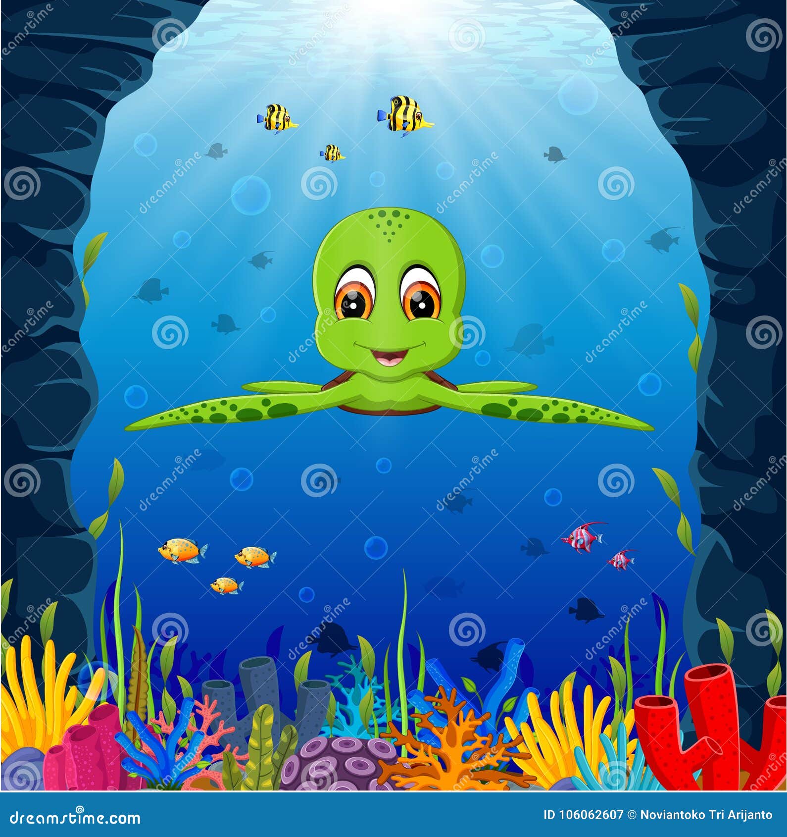 Turtle In Underwater Scene. Tortoise, Seaweeds And Fishes In Ocean ...