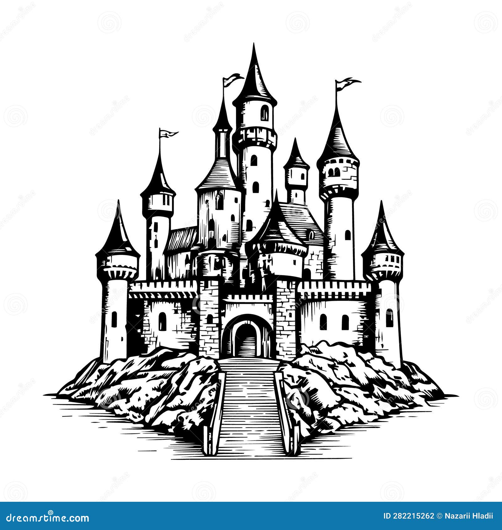 Illustration of a Castle in Engraving Style. Stock Vector ...