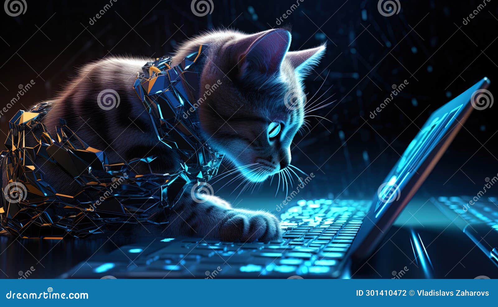 An Illustration of a Cat with a Cybernetic Tail Performing a Hacker ...