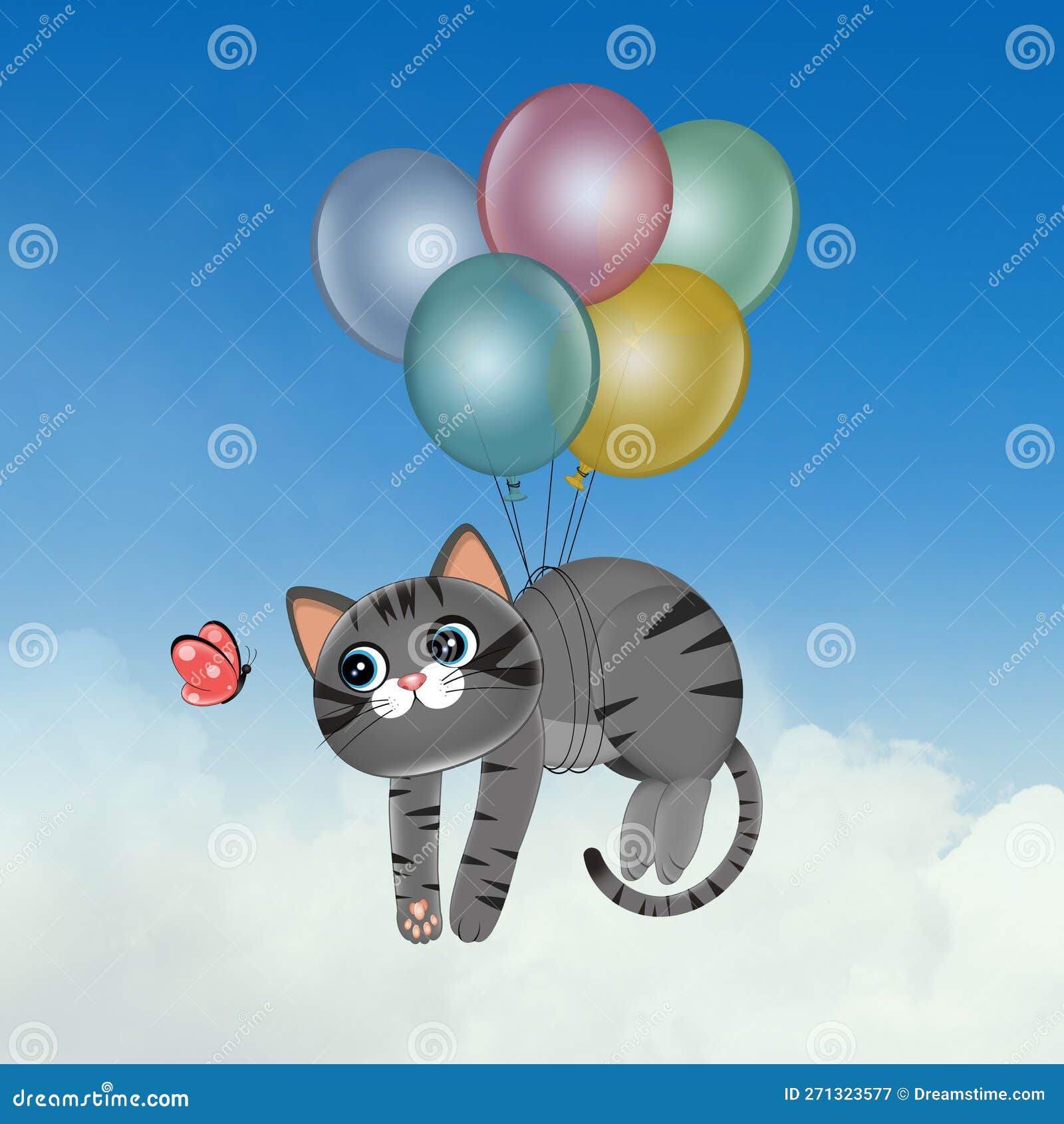 Illustration of the Cat Hanging on the Flying Balloons Stock ...
