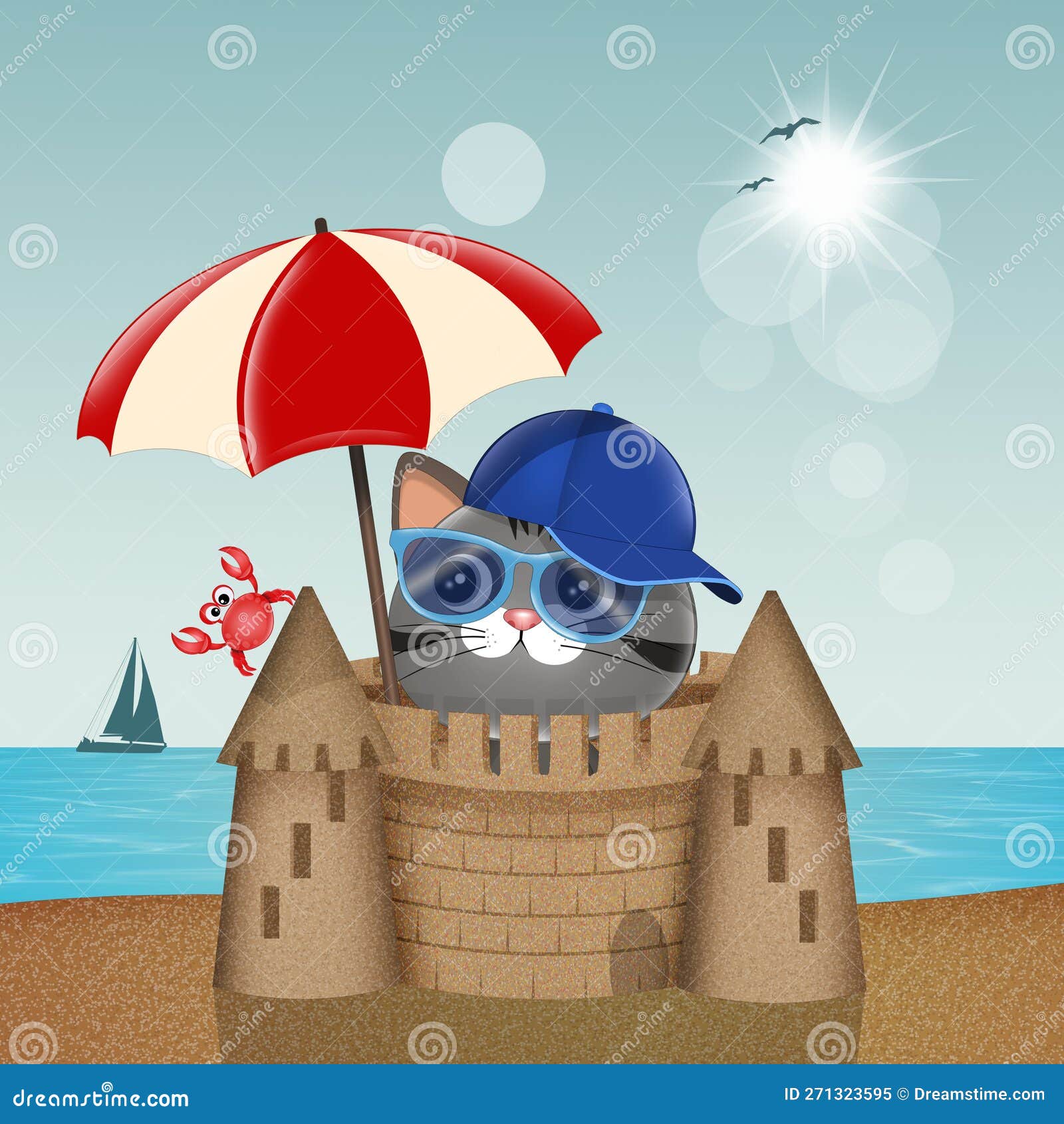 Cat Making Sandcastle at the Beach Stock Illustration - Illustration of ...