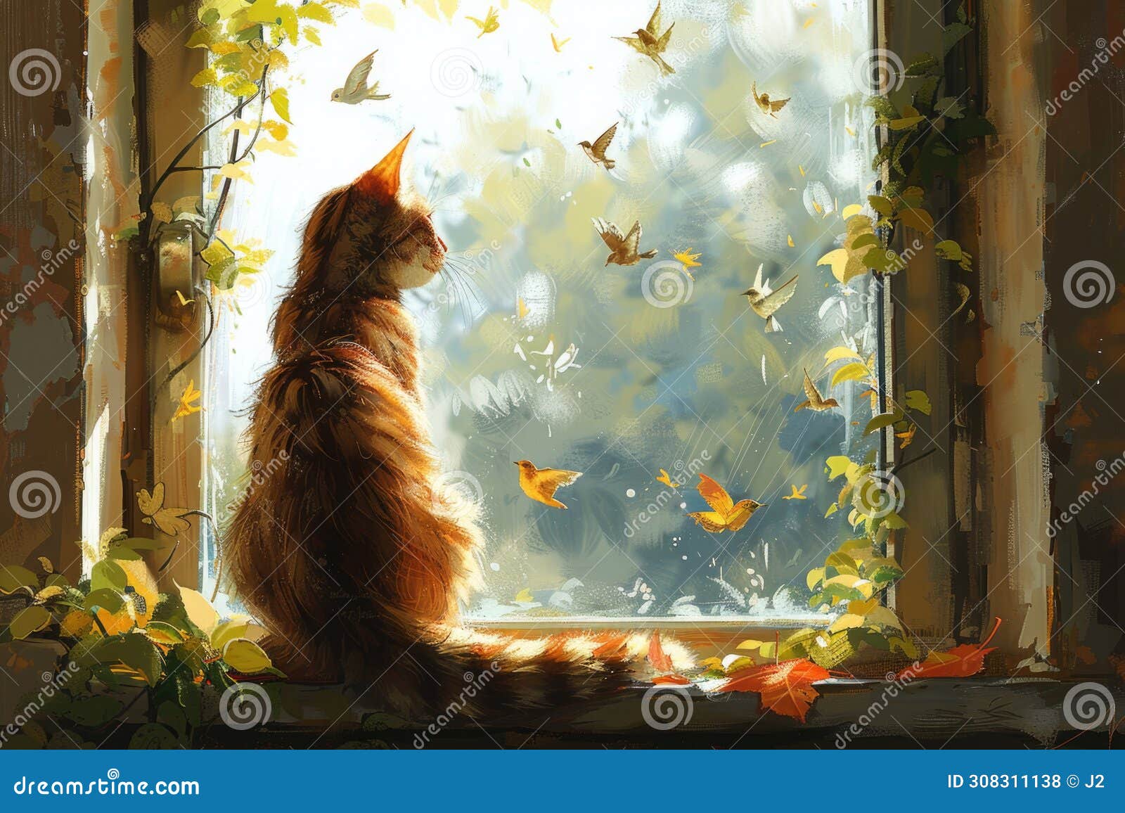 Illustration of Cat Observing Leaves and Birds by Window. Stock Photo ...