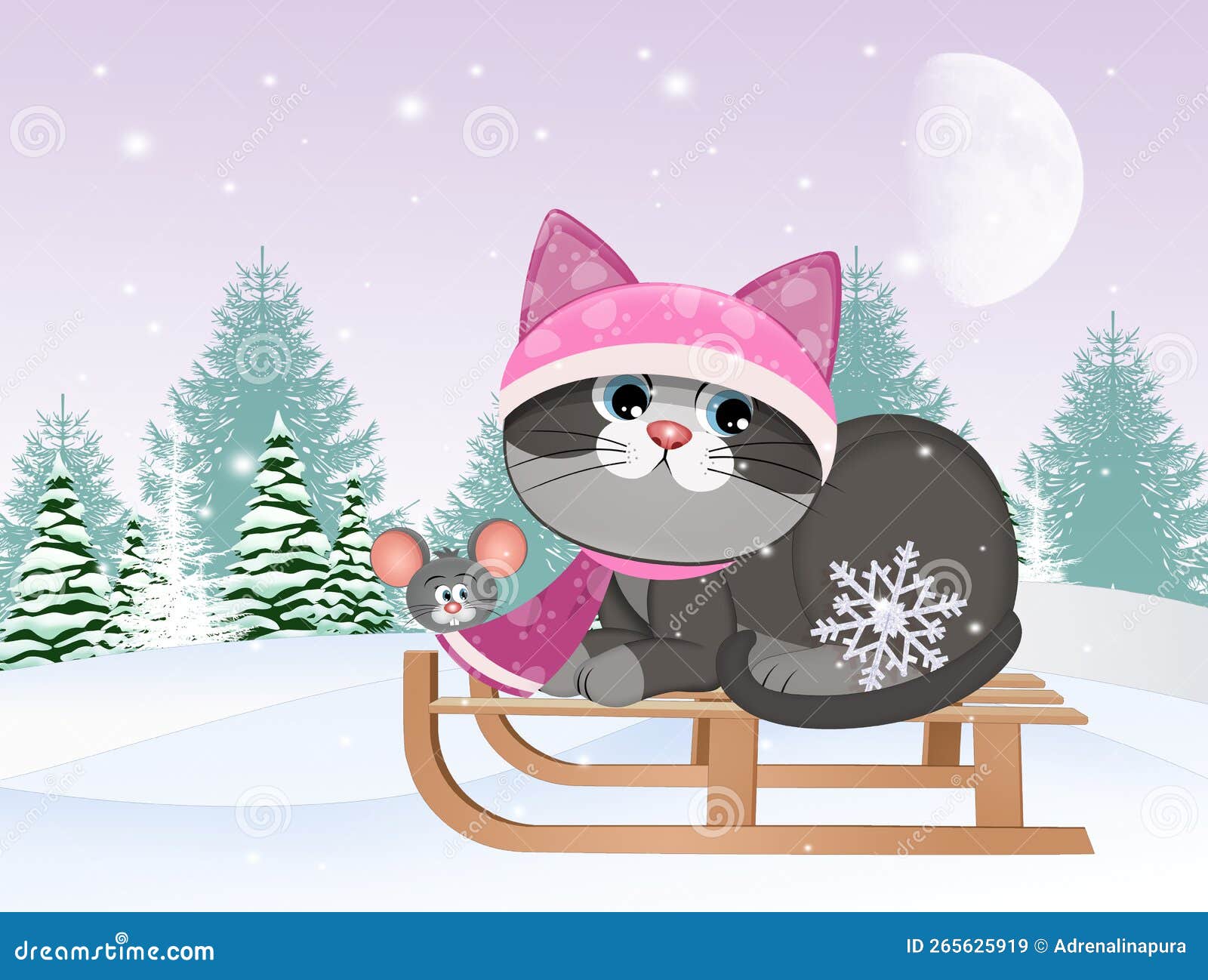 Illustration of the Cat in Winter on the Sled Stock Illustration ...