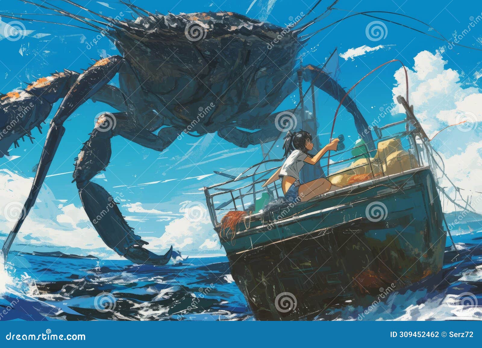 Illustration of Catching Crabs from a Ship, Close-up of Large Crabs ...