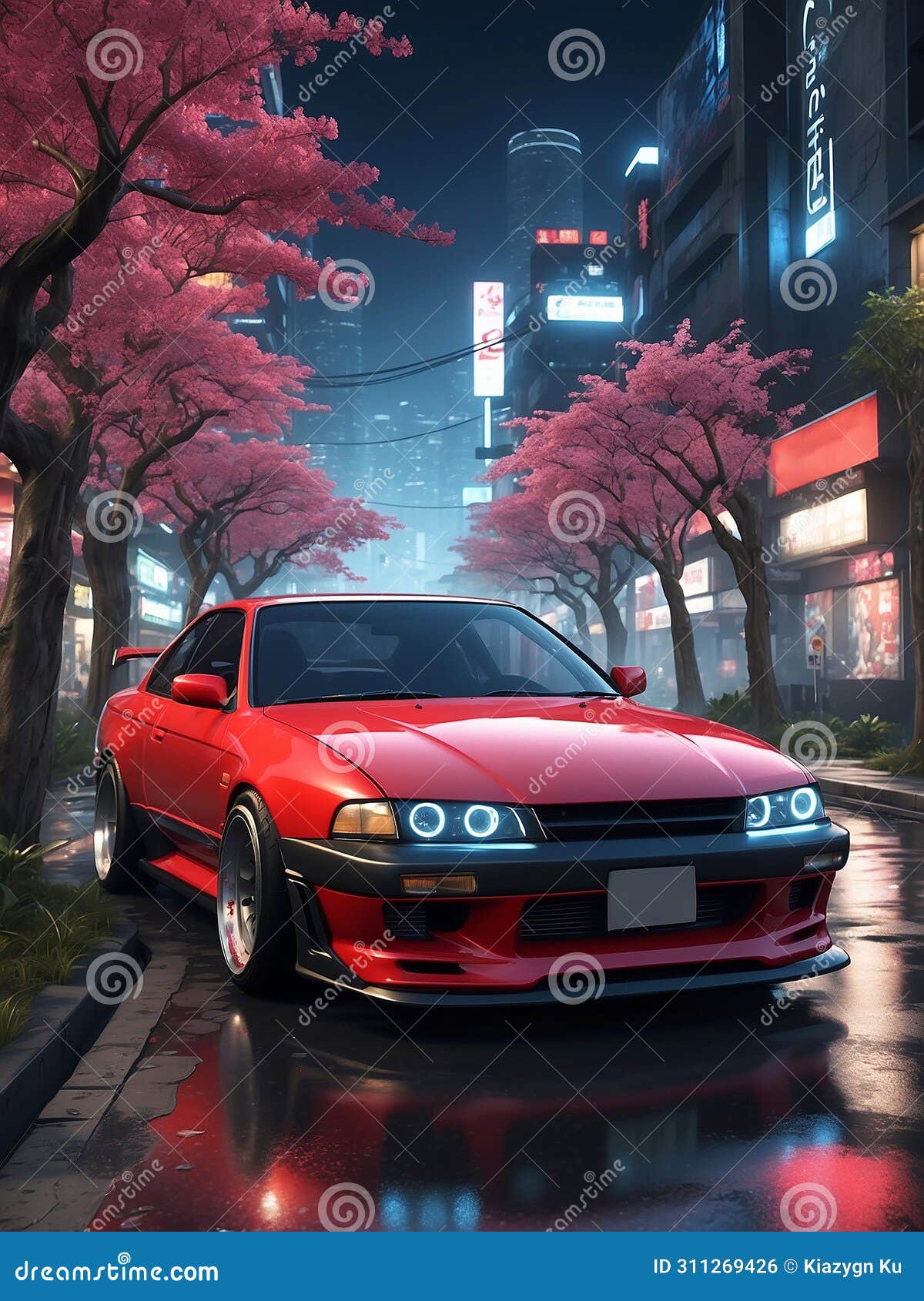 Urban Revamp: Illustration of Customized Red Car in Commercial Area ...