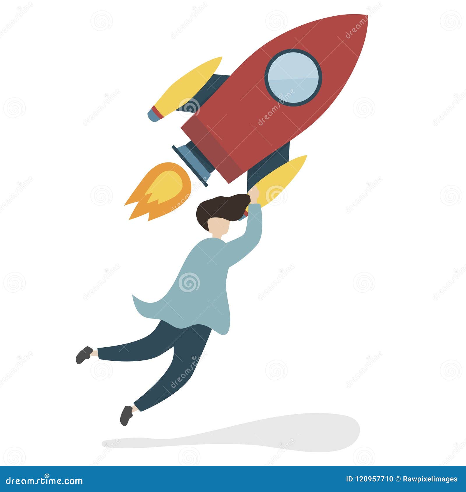 Illustration of a Character with a Flying Rocket Ship Stock ...